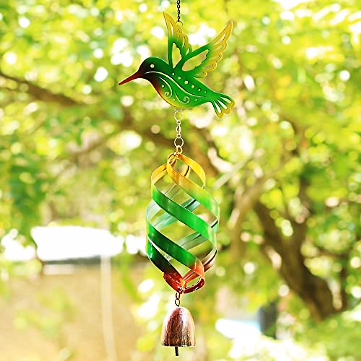 ASAKOKEA Hanging Hummingbird Wind Spinner with Bell Chime - Garden Décor