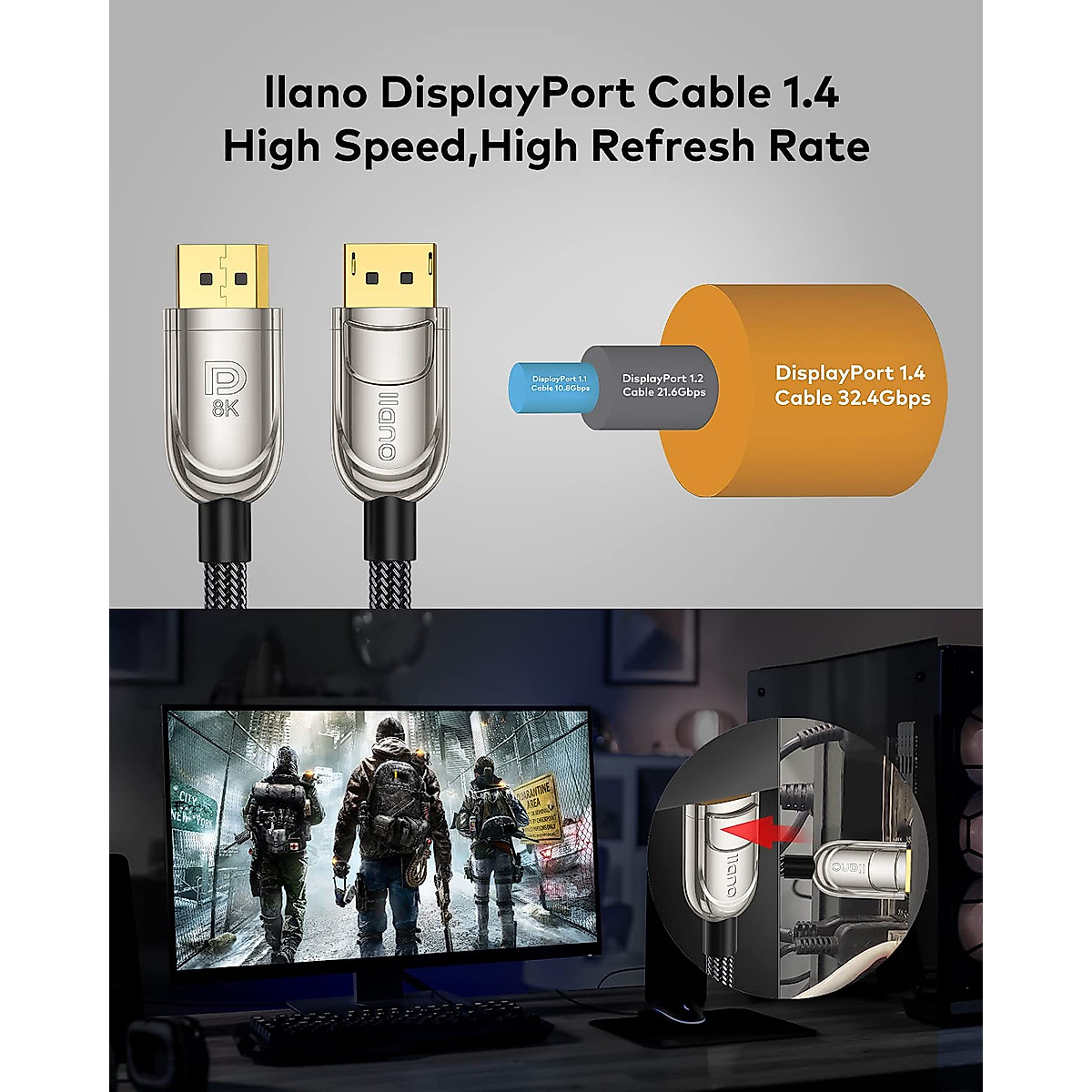 llano 8K DisplayPort 1.4 Cable 10ft, DP 1.4 Cable with latches 32.4Gbps 240Hz High Refresh Rate Male-to-Male Connection Cable for Game E-Sports Monitor, 28AWG Pure Copper Wire Core