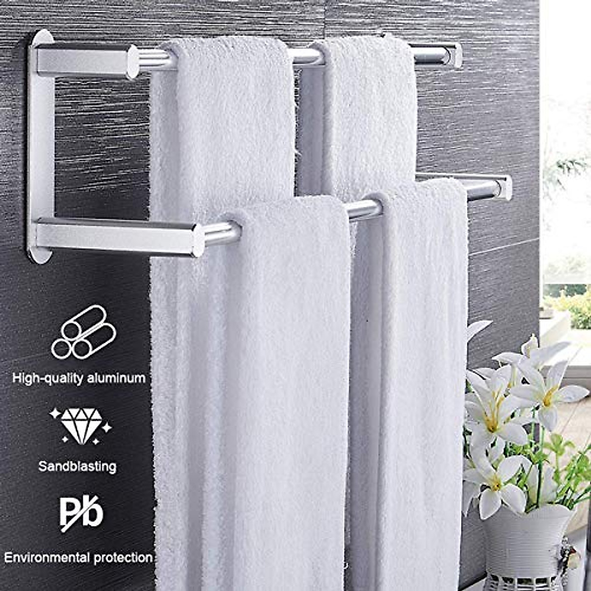 ALIAOFORZ Simple Shelf, Double Tea Towel Holder for Hanging Over The Kitchen Cupboard Door - 41Cm/16.14Inch Towel Rack - No Drilling Necessary - Also Suitable As a Bath Towel Rail/Silver/71C