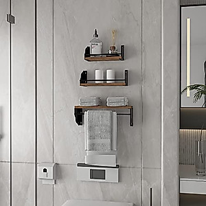 EYMPEU Floating Wall Shelves Set of 3 with Fence, Rustic Wall Shelf with Bar Bracket for Wall Mounted Hanging, Bathroom, Kitchen, Bedroom, Living Room, Plant