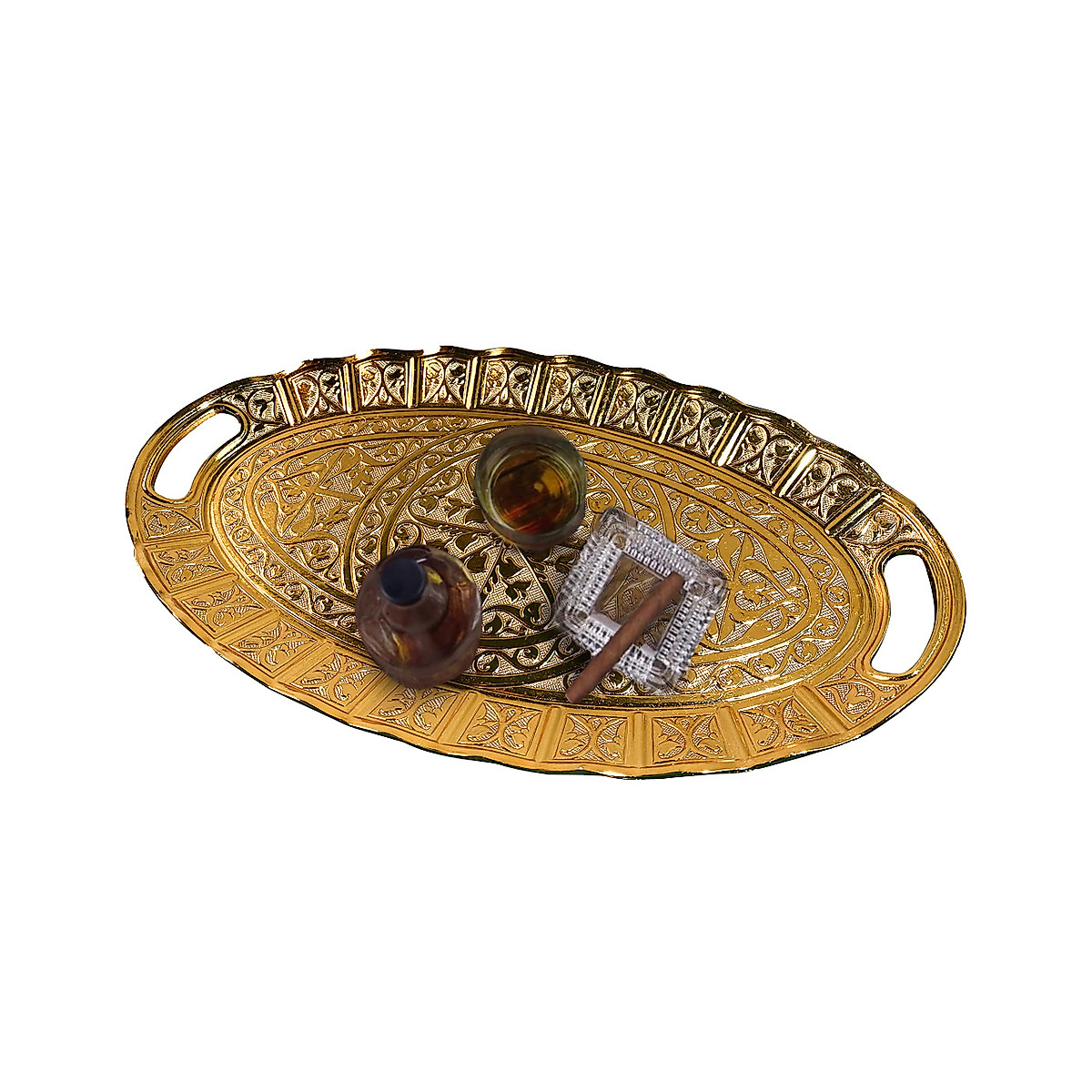 Turkish Tea Coffee Beverage Dinning Serving Tray Ellipse with Handled Ottoman Motif Decorative Middle Table Drink Serving Bathroom Oval Suitable for Gift Tray (14.1x8.2x1 INC) 35.8x20.5x2cm Gold