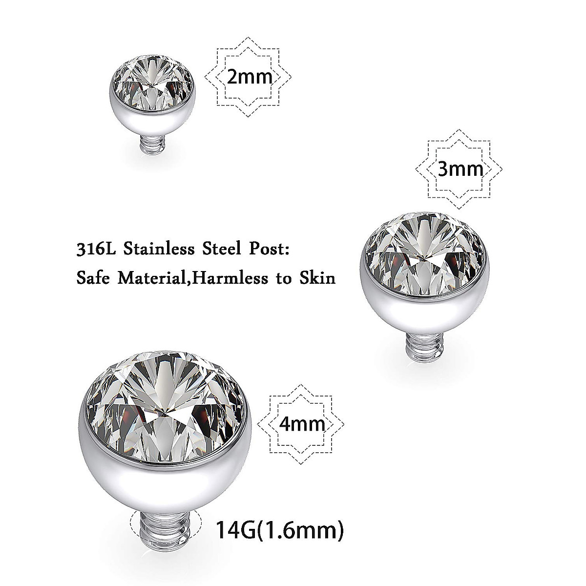 Gadeaila 14G Dermal Piercing Jewelry, 48Pcs Titanium Anchor Tops with 2/3/4MM White CZ Diamonds, for Women & Men