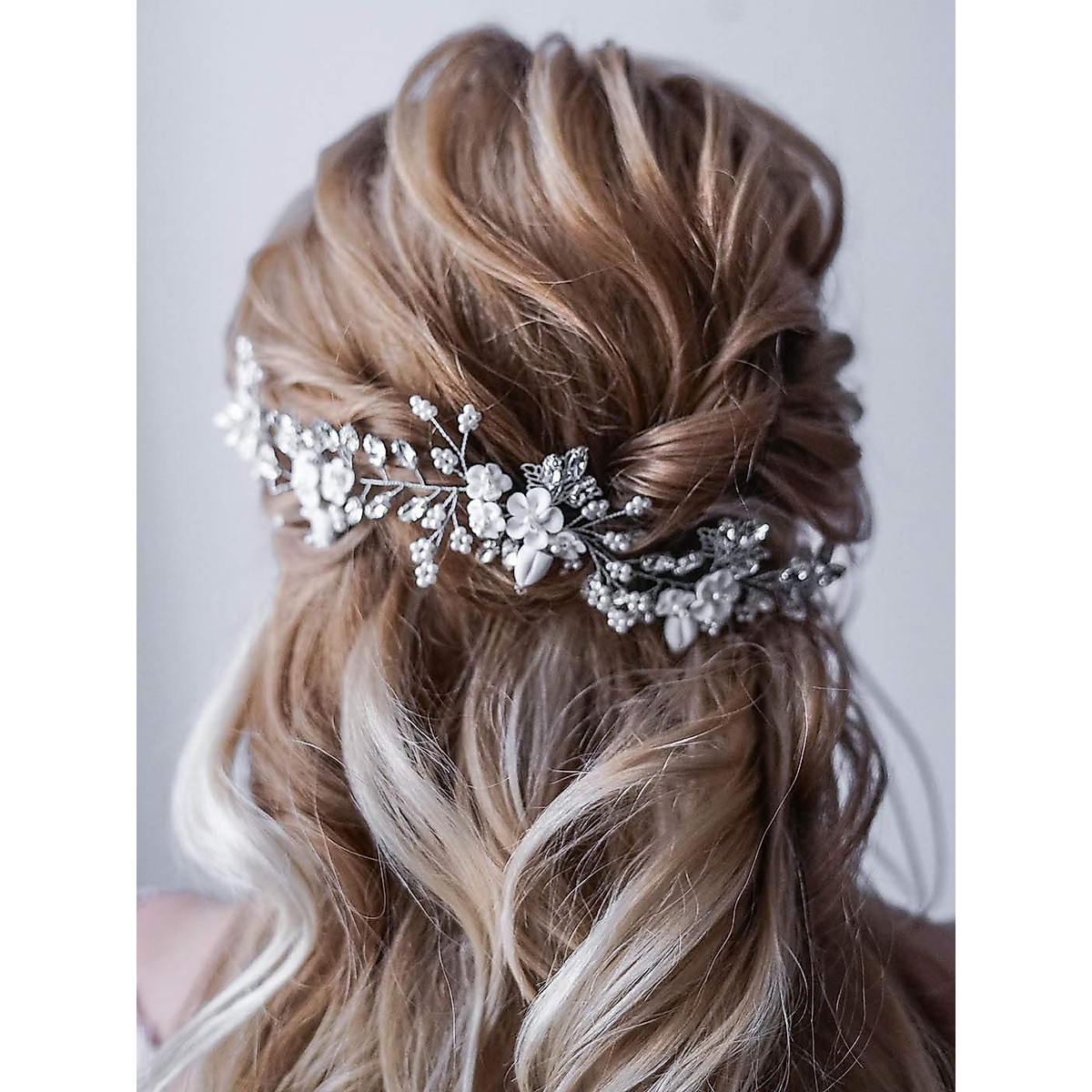 Unicra Bride Flower Wedding Hair Vine Pearls Bridal Hair Piece Crystal Hair Accessories for Women and Girls (Silver)