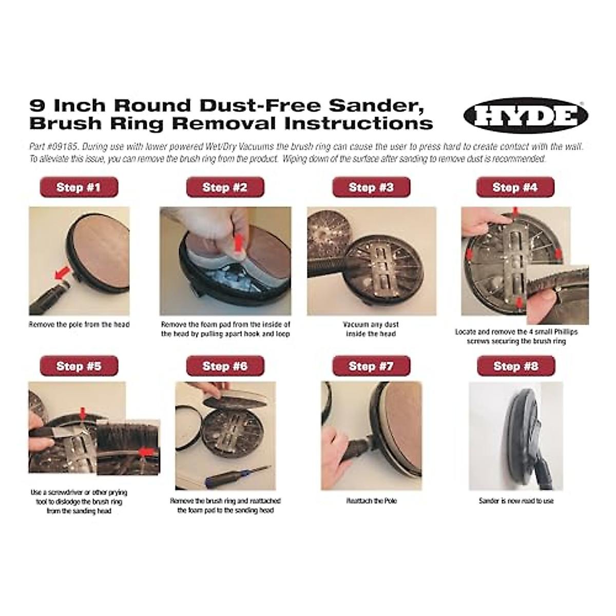 Hyde Dust-Free Sander Kit 9-inch Round with Two-piece Lightweight Extension Pole, Pivoting Head For Walls or Ceilings, Included 6 Foot Hose with Suction Control Valve Joins with Your Wet/Dry Vacuum