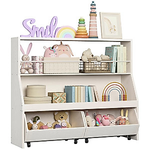 IRONCK Toy Storage Organizer, Kids Bookshelf with 2 Movable Cubby Drawers, Top Toy Shelf with Crossbar, Storage Cabinet for Nursery, Playroom, White