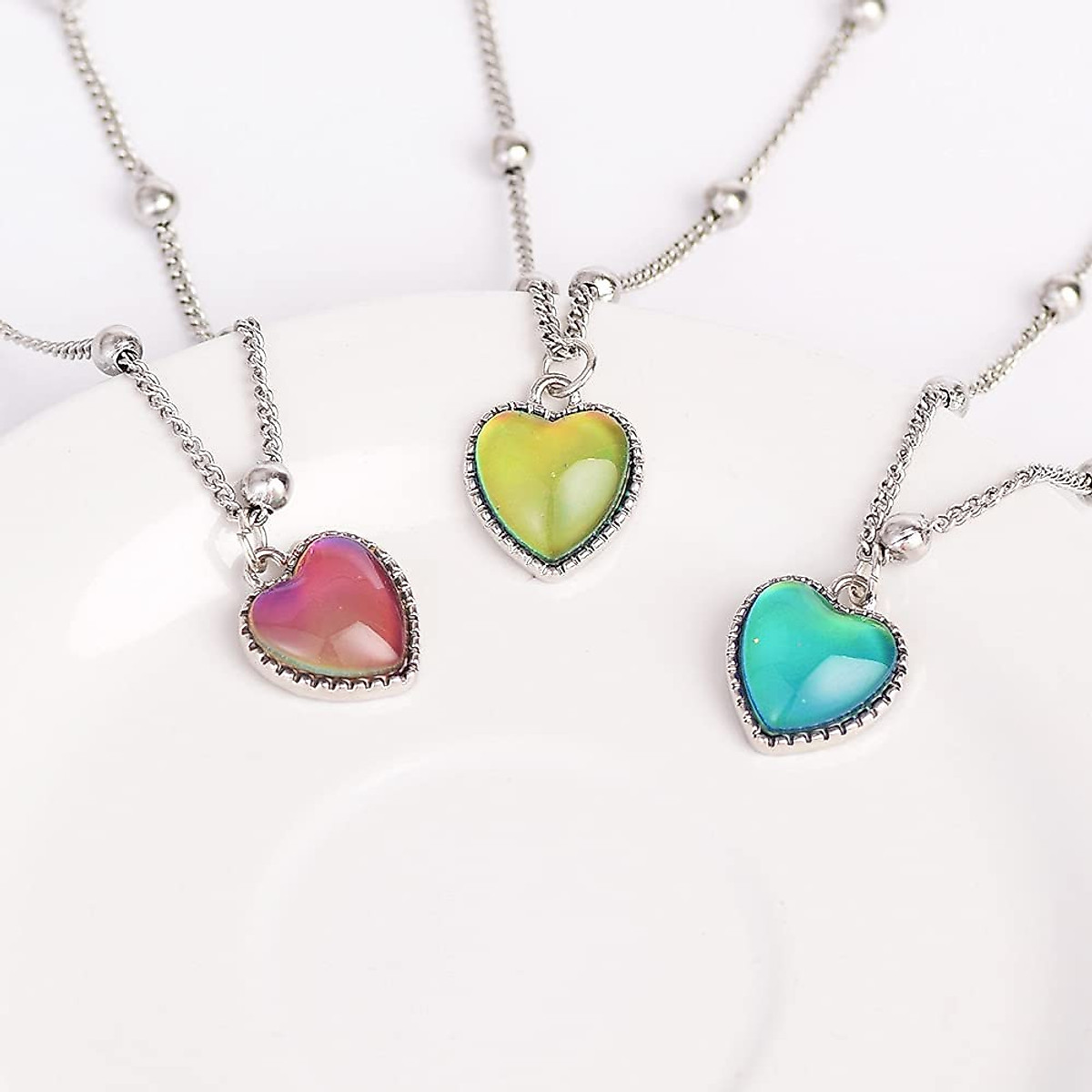 Yocoyee Color Change Love Heart Pendant Necklace Temperature Sense Color Changing Rings Glass Beaded Link Chain Trendy Necklace for Women-Necklace