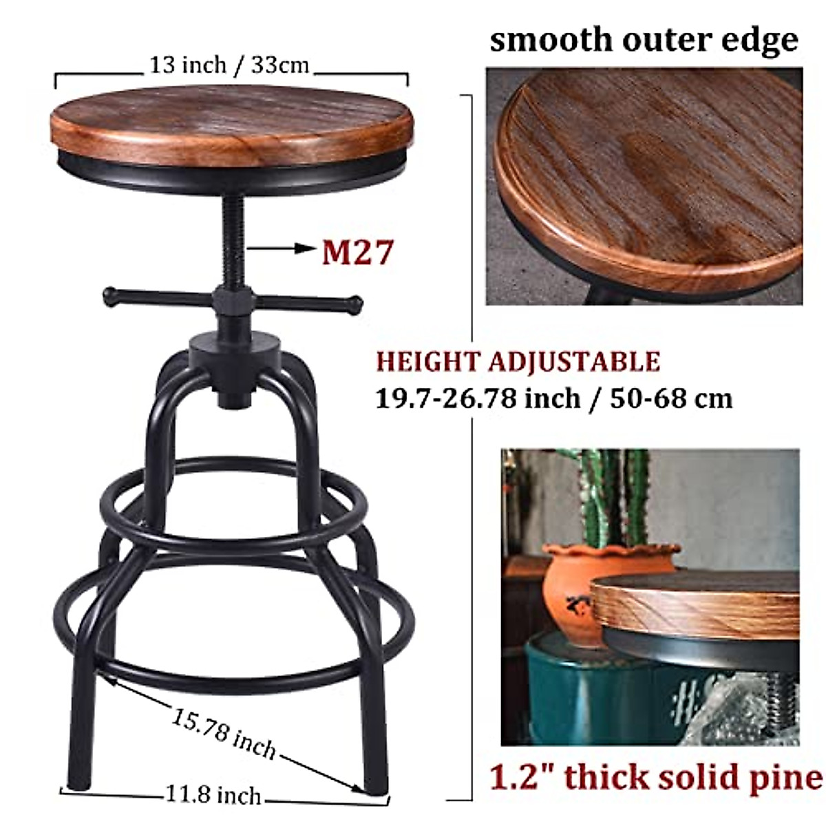 LOKKHAN Vintage Industrial Bar Stool-Rustic Swivel Bar Stool-Round Wood Metal Stool-Kitchen Counter Height Adjustable Pipe Stool-Cast Steel Stool 20-27 Inch (Set of 2)