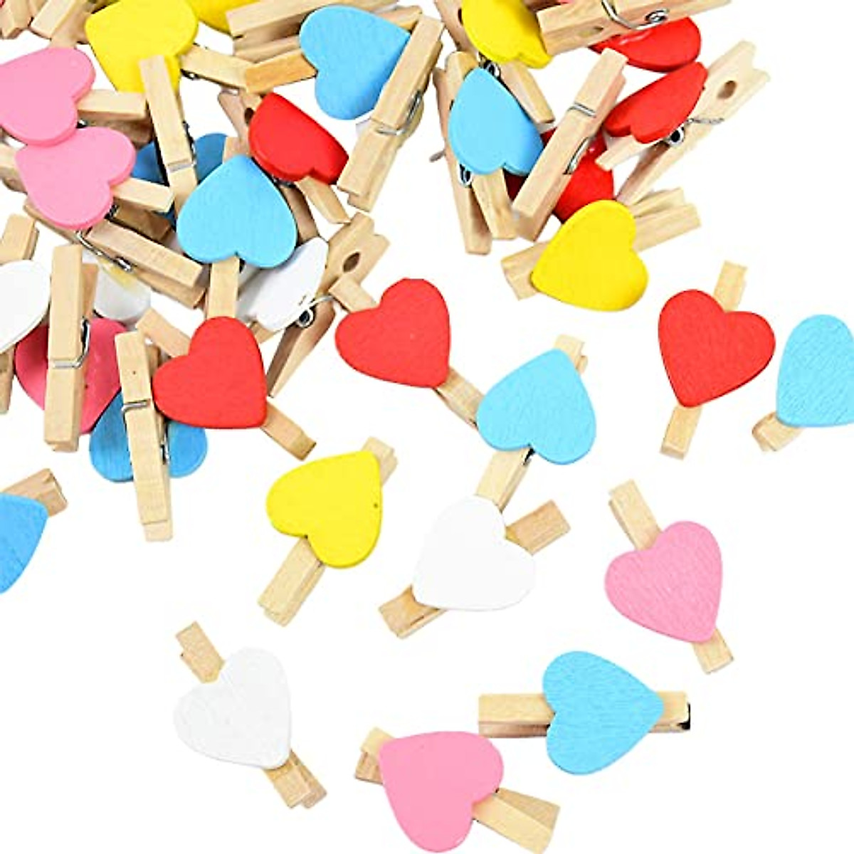 AKOAK 50 Pcs Color Wood Clothespin, Mini Natural Heart-Shaped Wood Craft Clip, Photo DIY, Christmas/Wedding/School Arts and Crafts/Home Decor Photo Clip