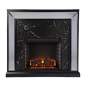 BOWERY HILL Trandling Mirrored Faux Marble Wood Fireplace in Black/Silver