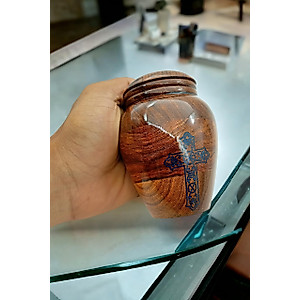 WOODEN Cremation Urns for Ashes Adult Male/Female Engrave Blue Cross & Paw -Decorative Urns-Wooden Small Cremation Urn for Funeral for Pet or Human Ashes.. (ENGRAVE CROSS)