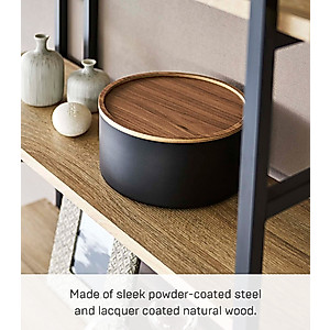 Yamazaki Home Rin Round Storage Case, Snacks, Toy, Or Craft Supplies Holder, Sewing Box Organizer, Wooden Lid Tray - Tall - Steel + Wood