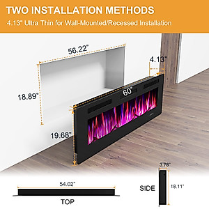 Electric Fireplace, 60 inch Recessed Wall Mounted Fire Place Heater with Remote Control Timer LED Adjustable Flame for Living Room Bedroom