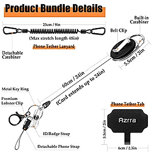 Azrra Theft and Drop Protection Phone Tether - 31” Safety Retractable Phone Clip, Anti-Drop Travel Clip, Universal Retractable Lanyard with Carabiner and Tether Tabs (Black, 1 Pack)