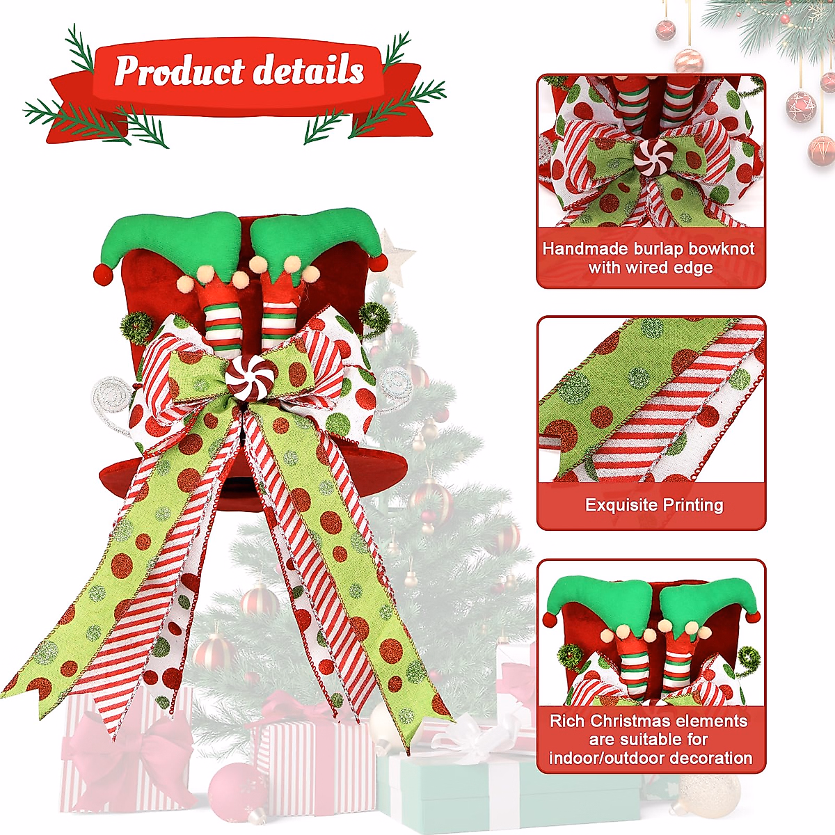 Montekin Christmas Tree Topper Hat with Bow, Red Velvet Top Hat Ornament with Elf Legs and Red & Green Polka Dot Bow, Winter Holidays Xmas Decor for Home Decoration