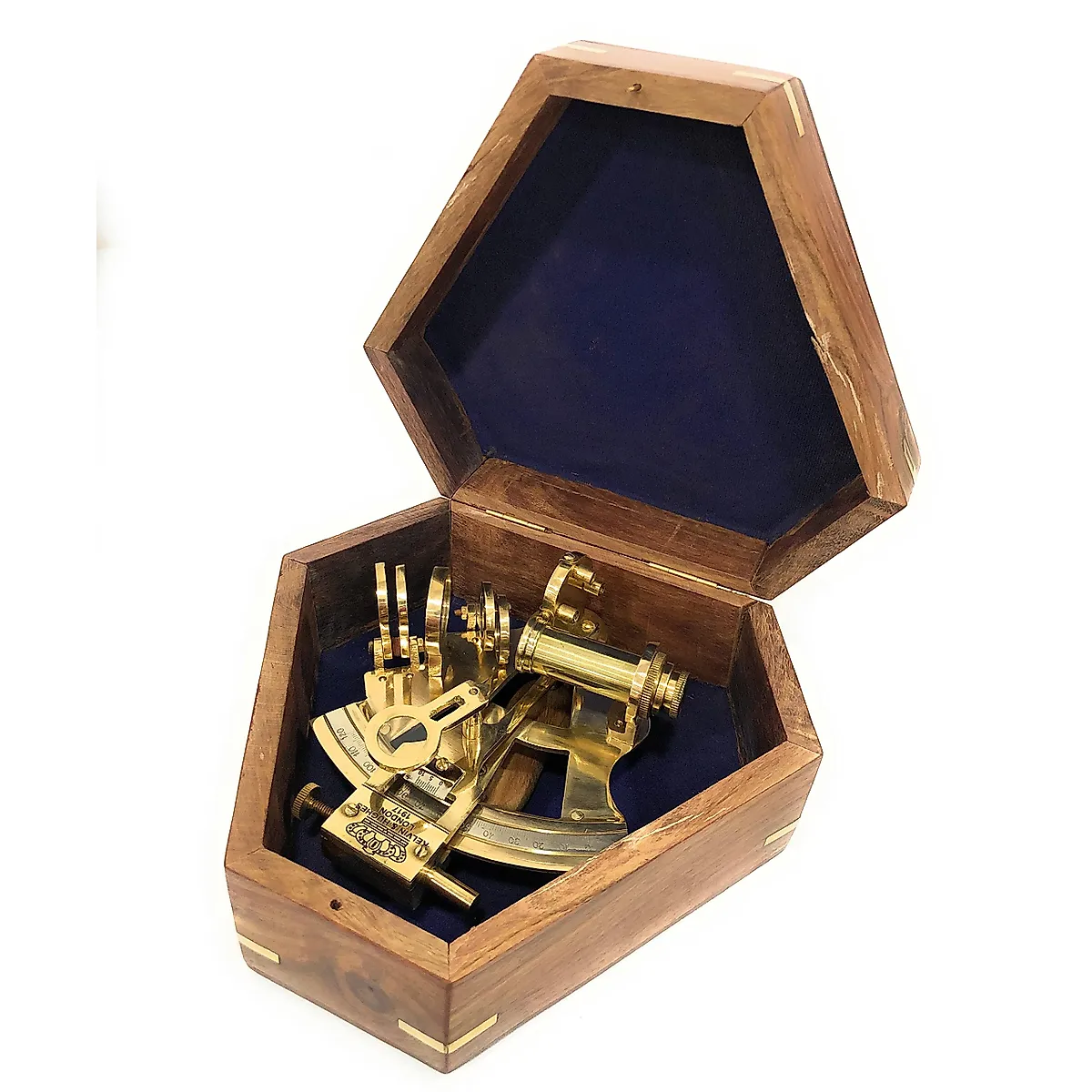 Maritime Kelvin & Hughes London Antique Brass Nautical Ship Sextant (with Triangular Wooden Box)