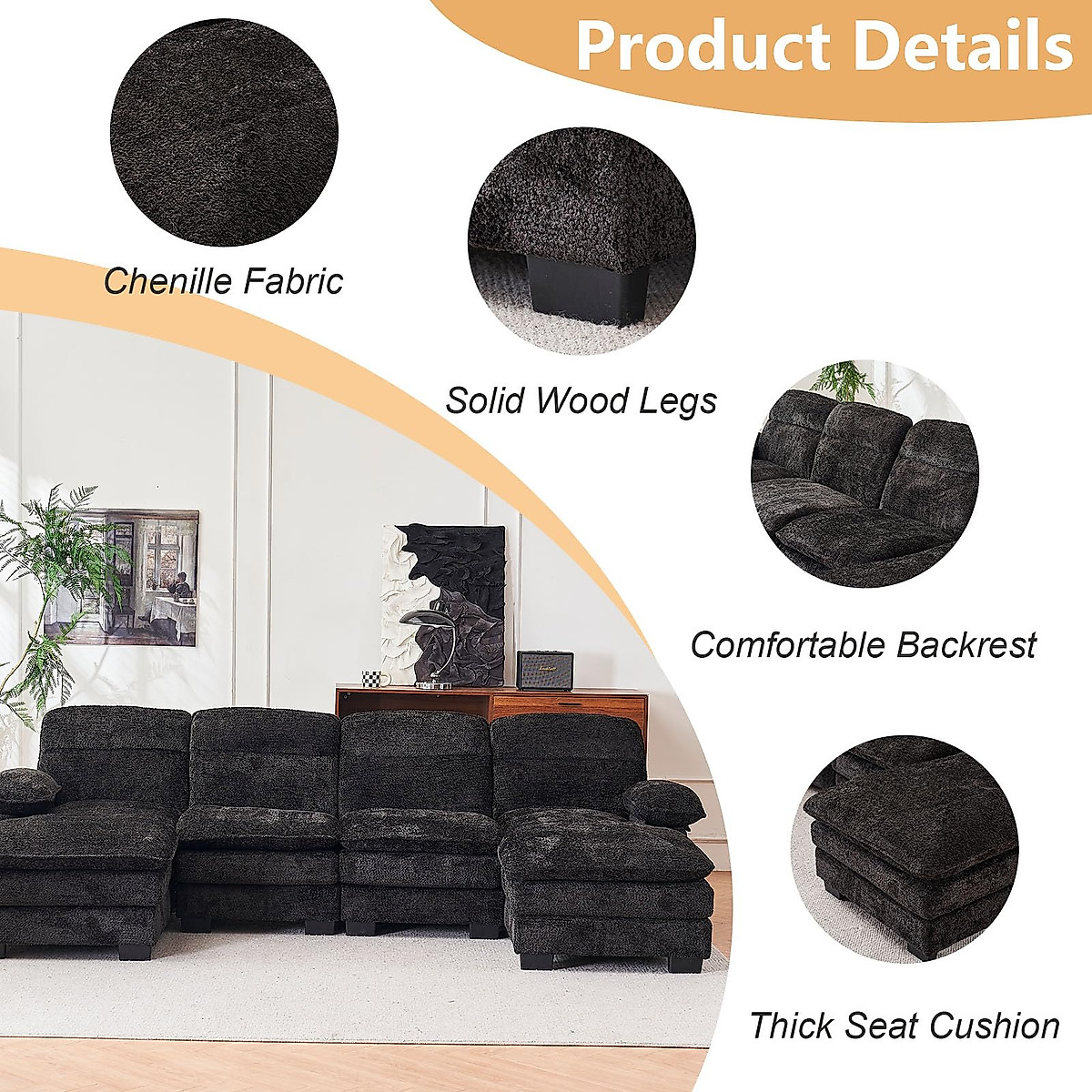 111" Cloud Couch,Modular Sectional Sofa, Convertible U Shaped Sofa Couch,4 Seat Chenille Sleeper Sofa with Chaise Lounge Upholstery Double Cushions Deep Seat Sleeper Couch for Living Room