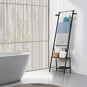 Blanket Ladder Farmhouse Blanket Holder Rack with Storage Shelf, Decorative Ladder Shelf with Hooks, Towel Holder Rack for Bathroom Living Room Home Decor, Rustic Brown