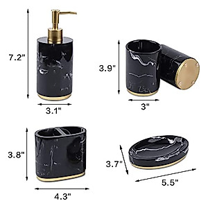 5-Piece Bathroom Counter Top Accessory Set - Dispenser for Liquid Soap or Lotion, Soap Dish, Toothbrush Holder and 2 Tumblers, Gold Base, Marble Pattern Resin, Ink Black