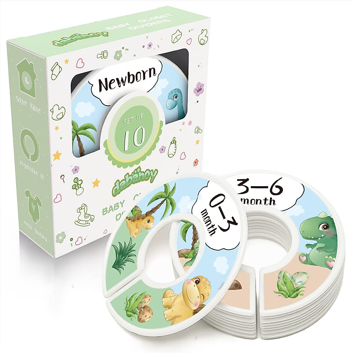 Baby Closet Dividers - Set of 10 from Newborn to Toddler and 2 Blanks with Colored Box - Dinosaur Designs Nursery Closet Size Dividers - [Dinosaur]