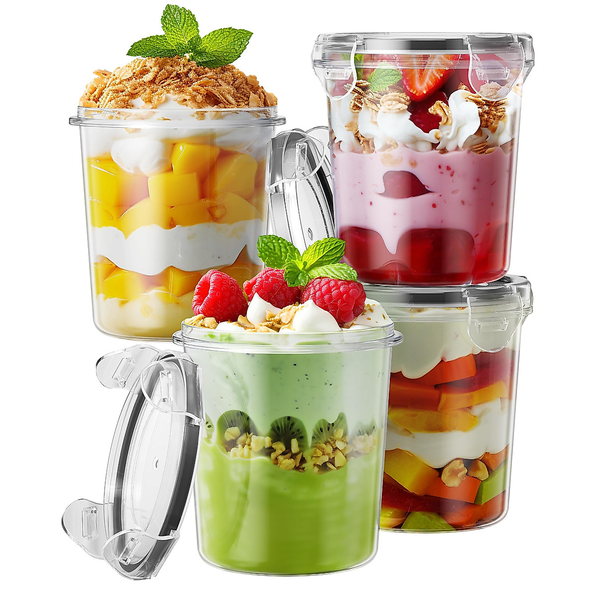 Canfanni Overnight Oats Container with Lids, 4 Pack 13oz Overnight Oats Jars, Plastic Mason Jars, BPA Free, Portable, Leak Proof Oatmeal Containers for Yogurt, Soup, Cereal, Milk and Salad