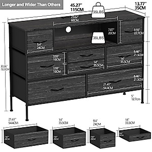 Simoretus Wide Dresser with Charging Station and LED Light for Bedroom 8 Fabric Drawers Chest of Drawers with Power Outlet Storage Open Shelf for Living Room TV Stand Closet Hallway (Charcoal Black)