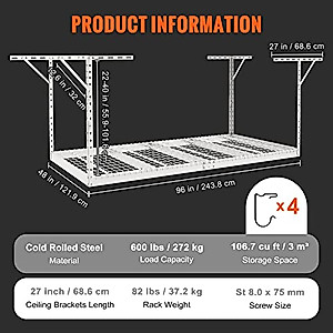 VEVOR Overhead Garage Storage Rack, 4x8 Garage Ceiling Storage Racks, Heavy Duty Adjustable Cold Rolled Steel Racks for Garage Storage, Organization, 600 lbs Load Capacity, 22''-40" (White)
