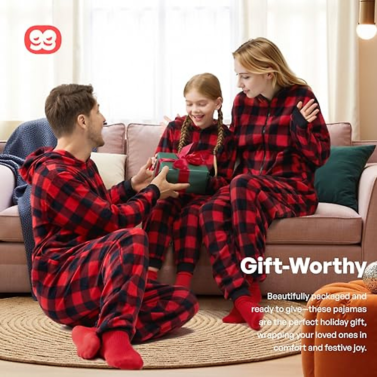 Giggling Getup Christmas Fleece Plaid Pajamas Jumpsuits Adult, Christmas Women Hoodie Full Zipper Pajamas-XL Red