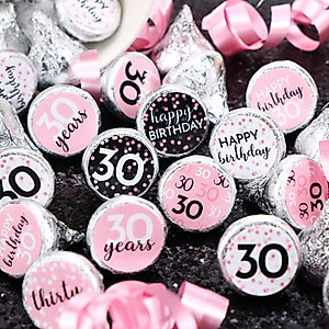 Pink, Black, and White 30th Birthday Party Favor Chocolate Kisses Candy Stickers -180 Count