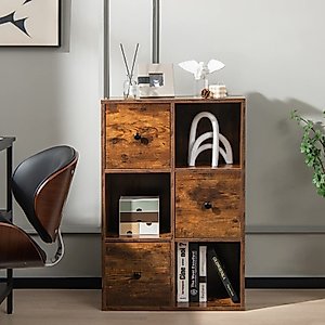 IFANNY 6 Cube Bookcase, 3 Tier Bookshelf with Drawers, Wood Storage Shelves, Modern Display Shelf, Cubical Book Cases, Small Book Shelf for Bedroom, Living Room, Home Office (Rustic Brown)