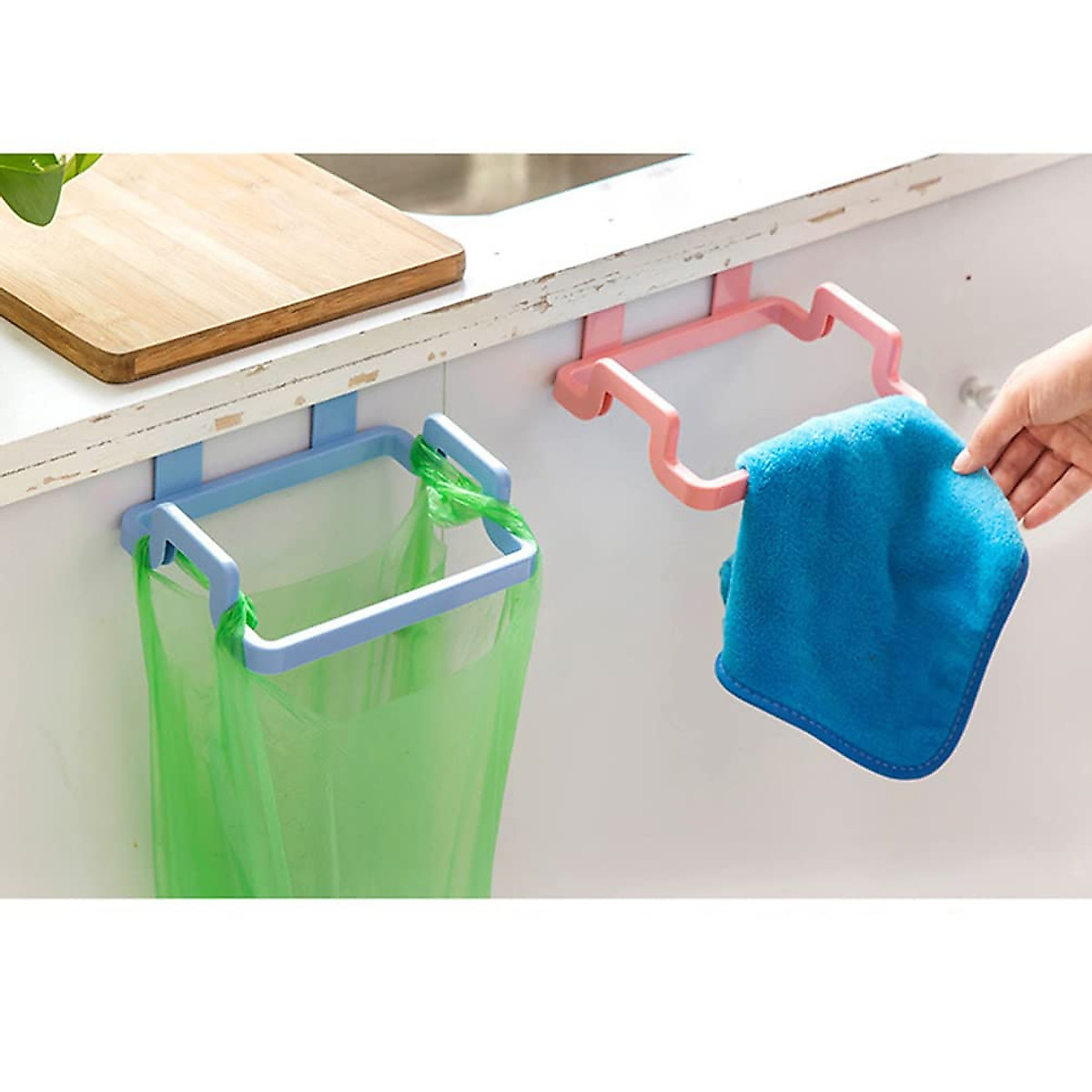 FOMIYES Portable Trash Bag Holder Over The Cabinet Garbage Bags Rack Hanging Rubbish Bag Holder Towel Gloves Hanger for Kitchen Pantry Door Trash Bags Holder Rack