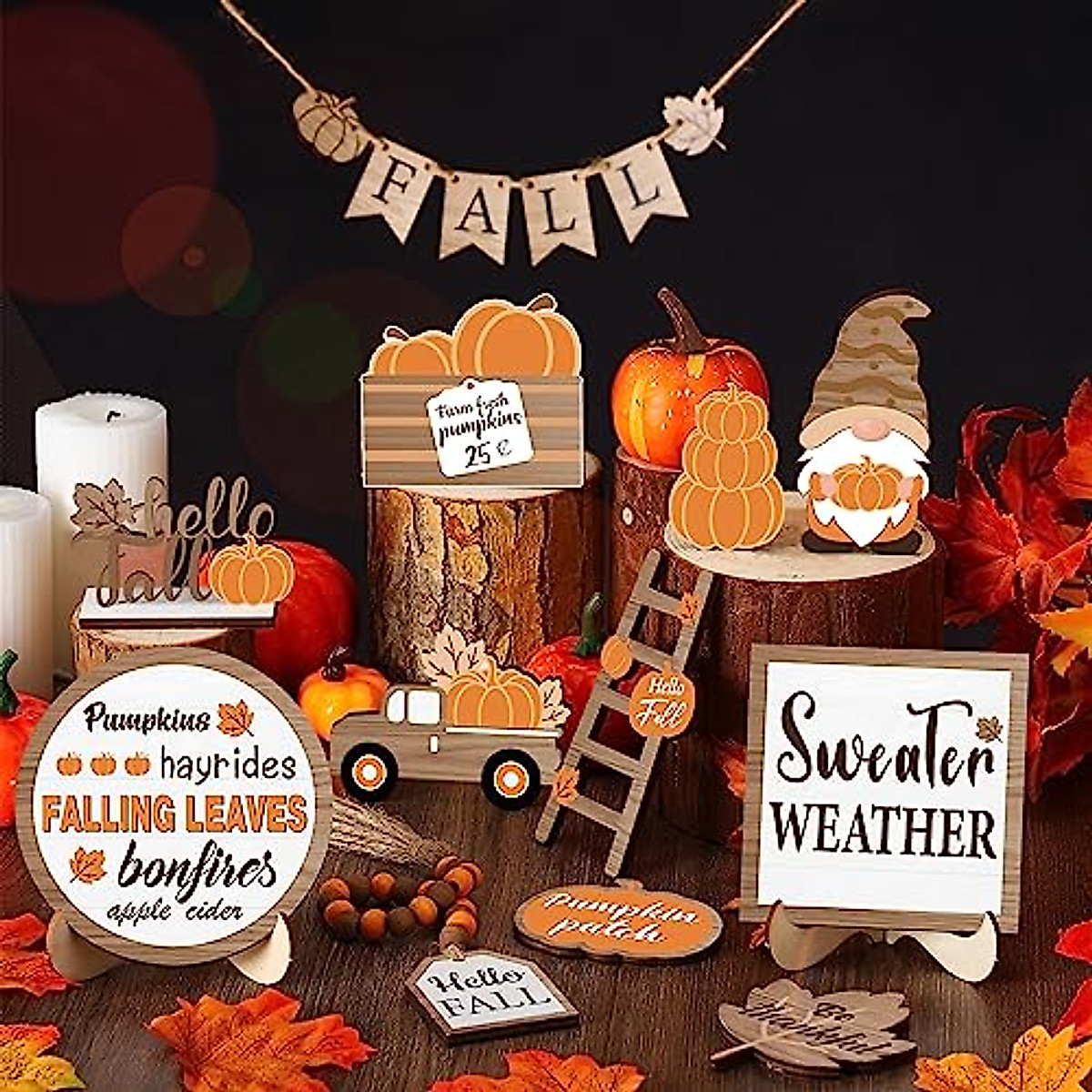 Maitys 21 Pcs Fall Thanksgiving Tiered Tray Decor Set Fall Pumpkin Gnome Truck Wood Sign Rustic Farmhouse Decor Hello Fall Wood Bead Decorative Tabletop Sign for Autumn Thanksgiving Day Table Holiday