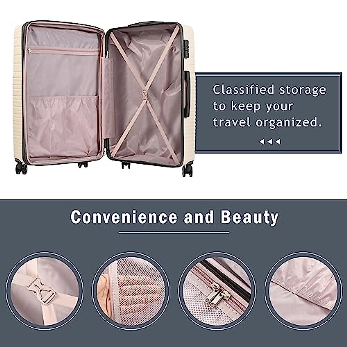 Merax Luggage Sets 3 Piece Suitcases Set ABS Expandable 8 Wheels Spinner Suitcase, TSA Lock Travel Luggage For Man And Women (Cream)