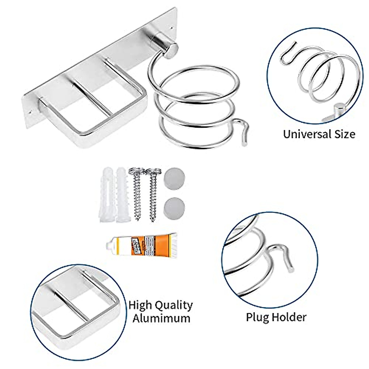 Brontosaurus (No Drilling Hair Dryer Holder, Blow Dryer Holder Wall Mounted, Save Space & Easy to Install, Bedroom & Bathroom Hair Tool Organizer for Hair Dryer, Flat Irons, Curling Wands (silver)