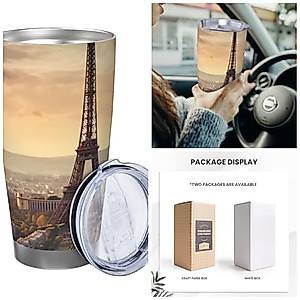 Eiffel Tower and city Tumbler with Lid and Straw 20oz Stainless Steel Car Cup for Hot and Cold Drinks, Double Wall Insulated Travel Coffee Mug Reusable Drink Thermos Cup Birthday Gifts
