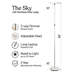 Brightech Sky LED Torchiere Super Bright Floor Lamp - Contemporary, High Lumen Light for Living Rooms and Offices - Dimmable, Indoor Pole Uplight for Bedroom Reading - White