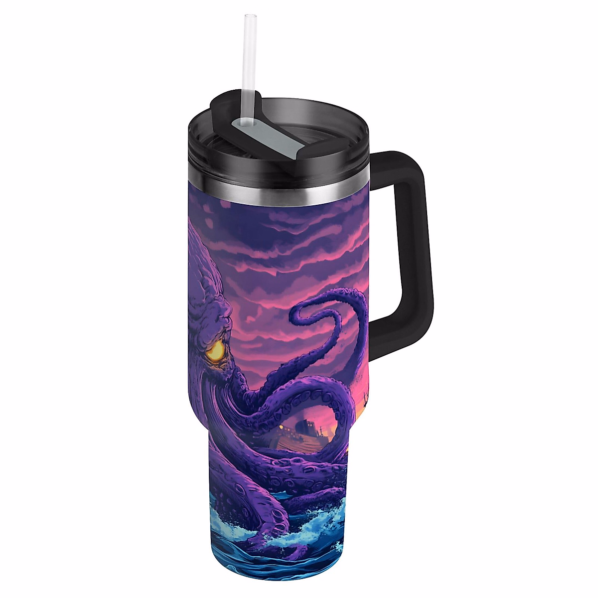 xigua 30 oz Giant Octopus Tumbler with Handle and Straw Lid, Stainless Steel Vacuum Insulated Sports Water Bottle, Keeps Cold or Hot Coffee Cup Travel Mug