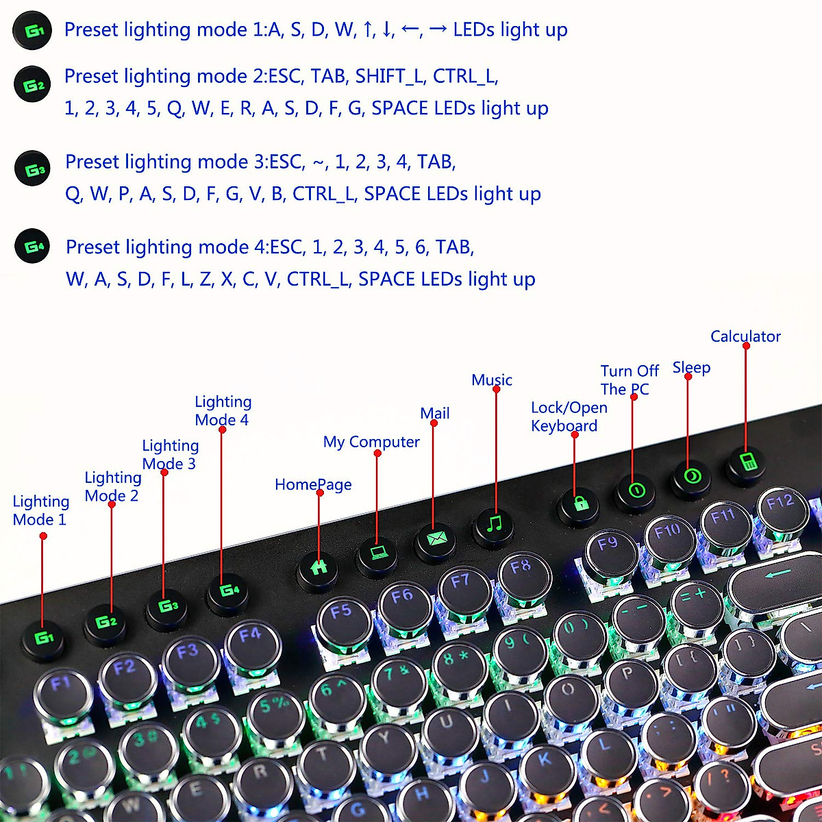 MK13 RGB Mechanical Keyboard Retro Gaming Keyboard-Blue Switches-LED Backlit -Silver-Plating-2 Knob and 12 Multimedia Buttons-104 Round Key Illuminated Keyboard for PC Gaming and MAC (MK13 Black)