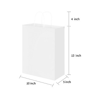Oikss 50 Pack 10x5x13 White Kraft Paper Bags with Handles Bulk for Birthday Party Favors Grocery Retail Shopping Business Goody Recycled Craft Gift Bags (Large Size, 50 Count)