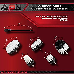 ABN 1/4in Drive Nylon Power Scrubber Drill Brush Attachment 5pc Set with 1pc Extension - Shower Cleaner, Spa Hot Tub Scrubber, Carpet Brush, Grout Cleaner for Home and Auto Car - White Soft Bristle
