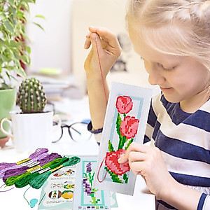 WATINC 3Pcs Cross Stitch Bookmark Kits Flower Patterns DIY Stamped Embroidery Bookmarks for Beginners Tulip Sunflower Lavender Needlepoint Starter Kits Craft Supplies Handmade Gifts for Book Lovers