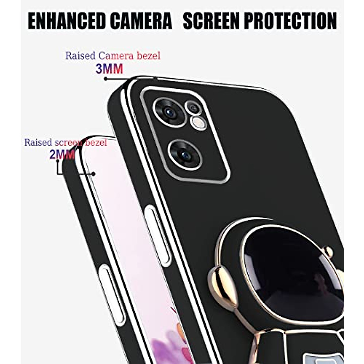 Jancyu for Oppo Find X5 Lite Case Silicone with Astronaut Kickstand, Shockproof Phone Case for Oppo Reno 7 5G with Cute Loopy Cover for Women with Design (Black)