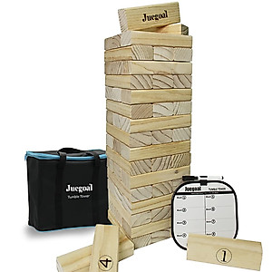 Juegoal 54 Piece Giant Tumble Tower, Wooden Block Game with Gameboard, Canvas Bag for Outdoor Yard Playing,6.9 x 6.9 x 24 Inches