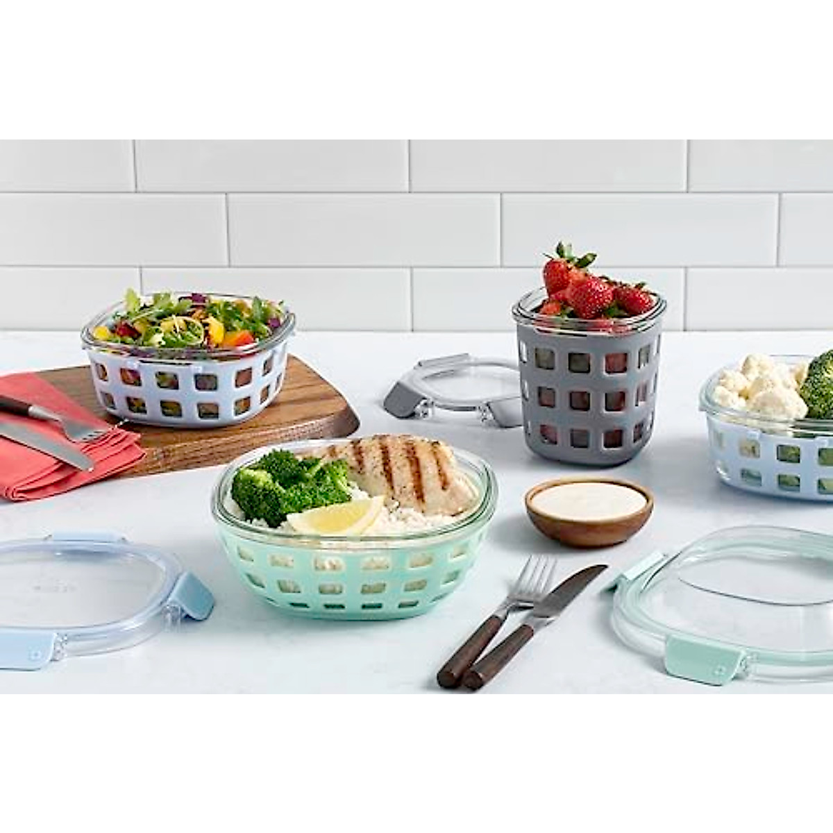 Ello DuraGlass Food Storage Glass Lunch Bowl Container - Meal Prep Container with Silicone Sleeve and Airtight Lid, 5 Cup, Teal