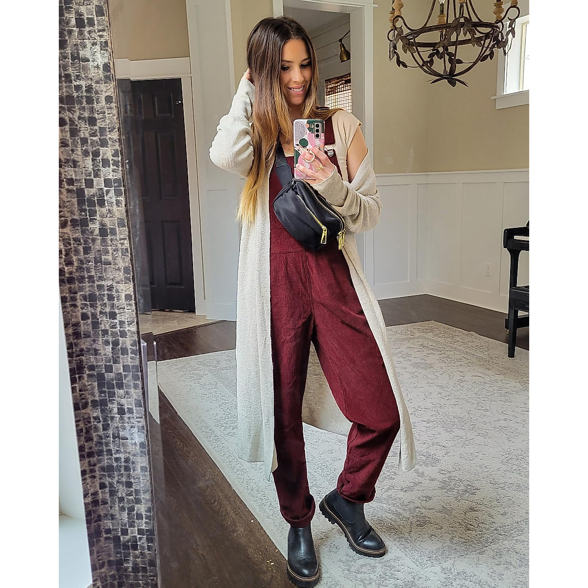 luvamia Corduroy Overalls for Women Adjustable Straps Fashion Bib Bib Overall Red Overalls Tawny Port Womens Casual Jumpsuit Size Medium Fits Size 8 / Size 10