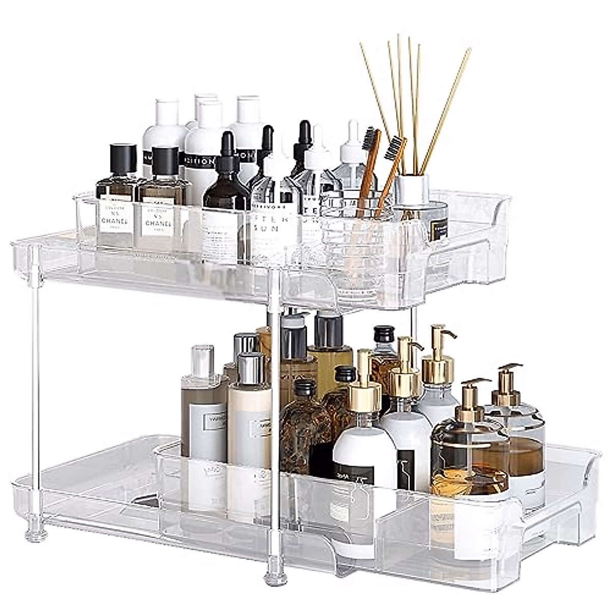 Lovelyduo 2 Tier Clear Dividers Organizer, MultiUse Slide-Out Storage Container, Kitchen, Pantry, Medicine Cabinet Storage Bins, Bathroom, Vanity Makeup, Under Sink Organizing