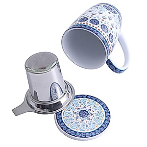 Bico Blue Talavera 12oz Porcelain Tea Mug with Infuser and Lid, Microwave & Dishwasher Safe