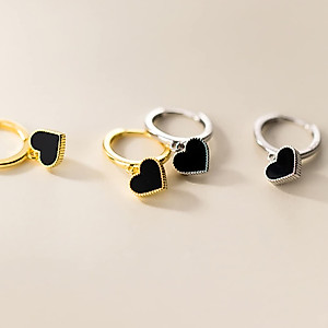 SLUYNZ 925 Sterling Silver Black Heart Hoop Earrings for Women Love Heart Hoop Earrings Huggie (A-Silver)