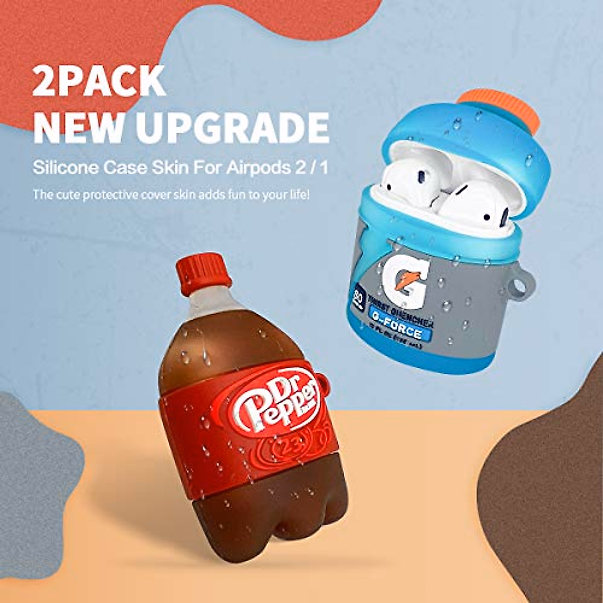 [2Pack] Alquar Silicone Airpods Case for Airpods 2/1 , 3D Cute Funny Fun Cartoon Food Character Kawaii Airpods Cover Case with Keychain for Kids Teens Boys Girls (Sport Water + Red Pepper)