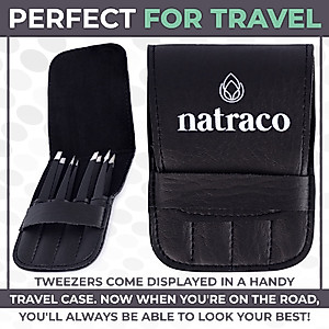 Natraco Tweezer Set - Slanted & Pointed Stainless Steel Professional Tweezers for Eyebrows - Sharp Precision for Facial Hair, Splinters, and Tick Remover – 4 Pack, Black