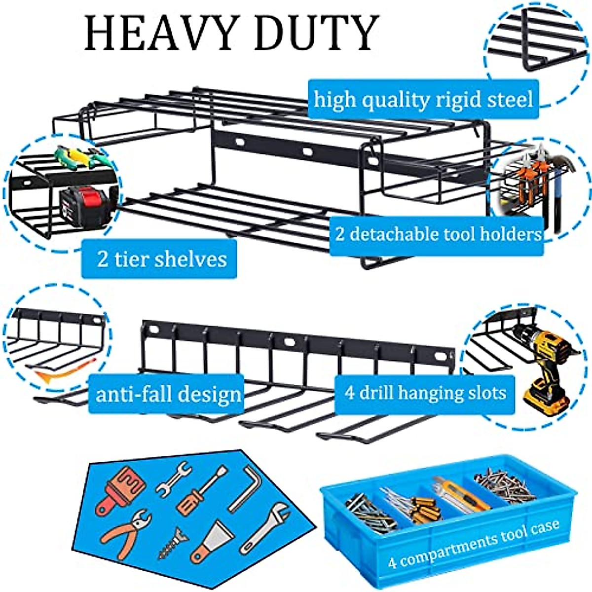 UNIKOO Power Tool Organizer, Garage Storage Rack with Tool Box, Heavy Duty Metal Drill Holder, Black Wall Mount Floating Shelf for Warehouse(4.33" D x 14.96" W x 7.87" H)